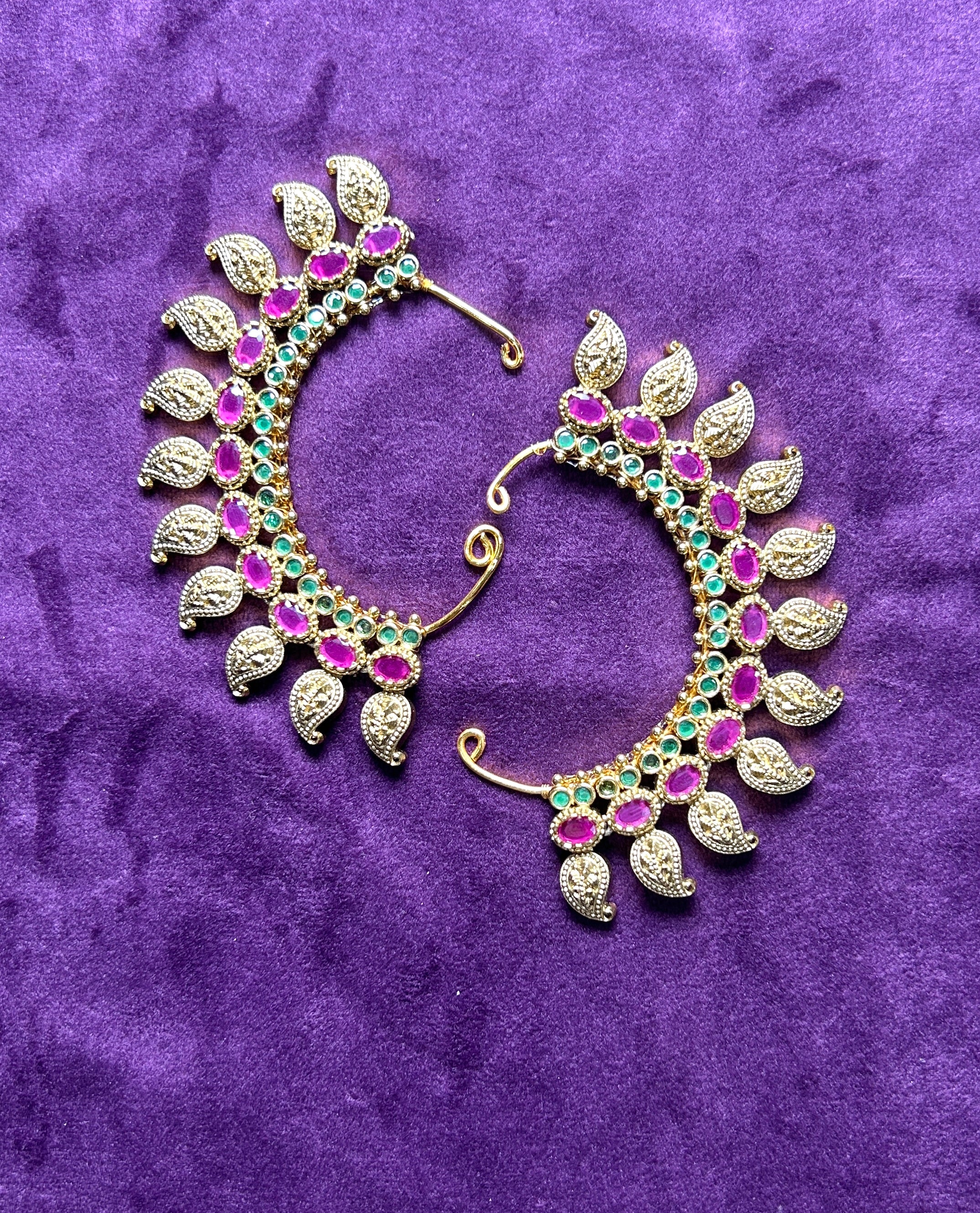 Traditional Crescent Shaped Bugadi (Back Ear Cuffs) with Pink & Green – Chandrakalm
