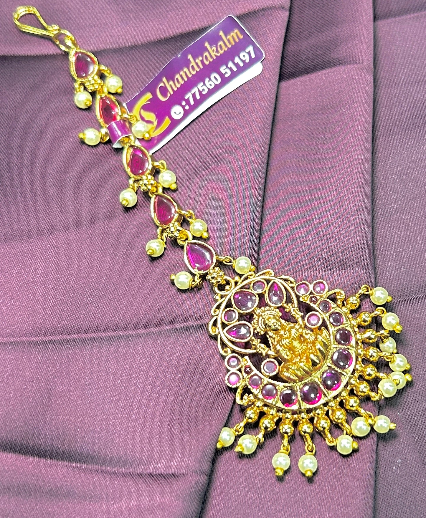 Goddess Lakshmi Temple Maang Tikka (Ruby & Pearl) – Chandrakalm